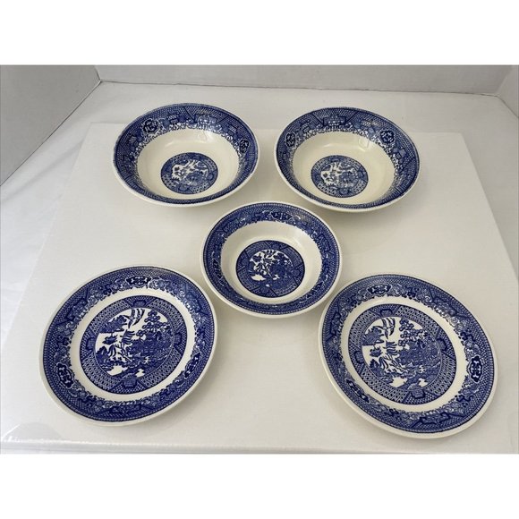 Unmarked | Dining | 5 Piece Vintage Antique Blue Willow Dinnerware Lot ...